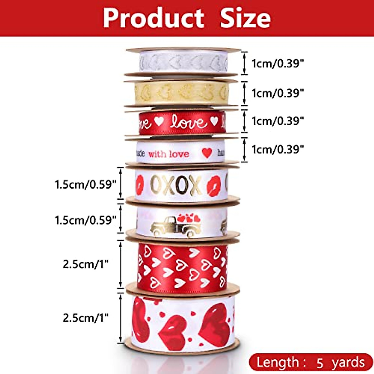 Valentine's Day Ribbons Heart Ribbons Craft Satin Overlocked Ribbons for Gift Wrapping Wedding Birthday Party Decorations DIY Supplies, 8 Rolls x 5 Yards, Total 40 Yards