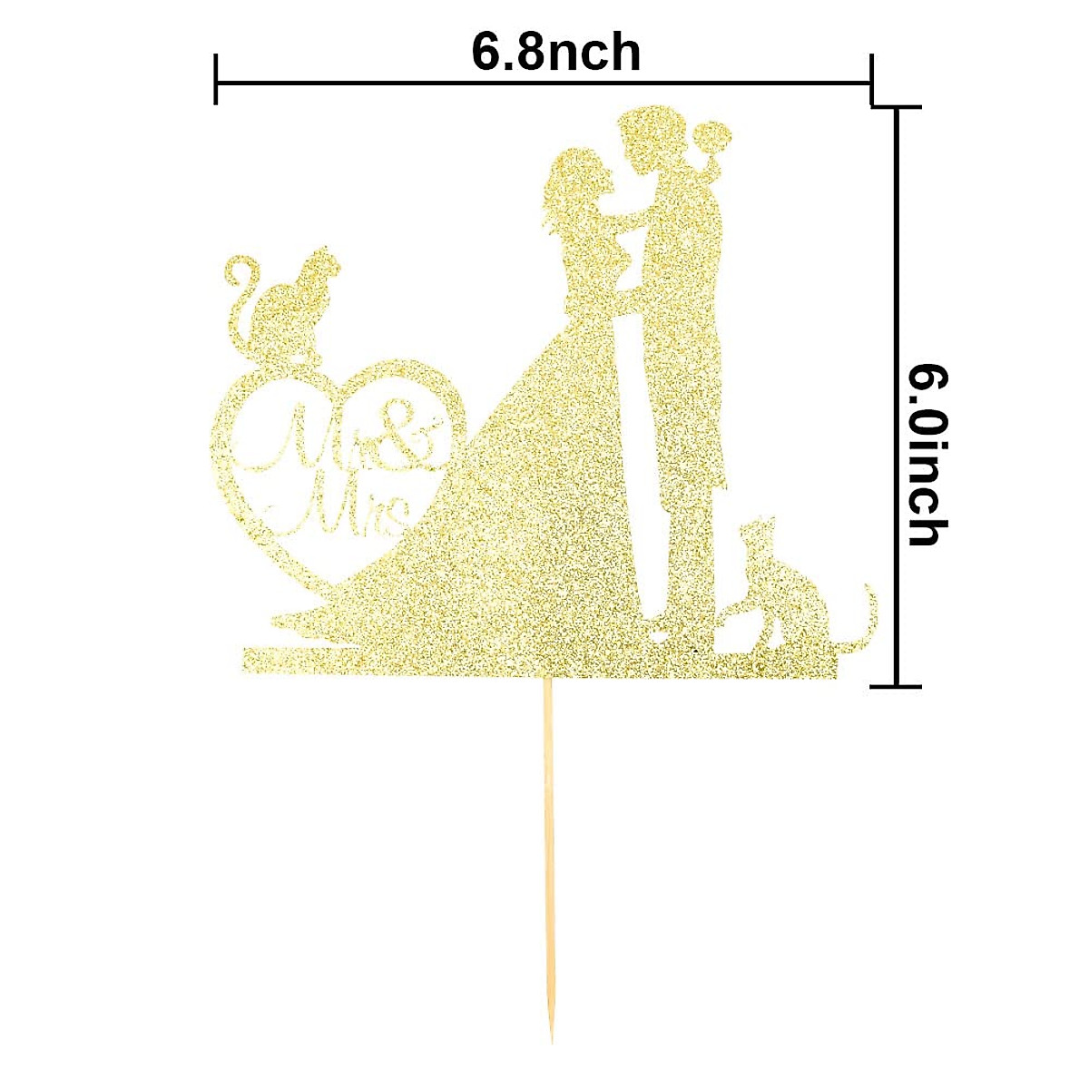 Mr and Mrs Cake Topper, Bride and Groom with Cats Silhouette Wedding Cake Decors, Cats Pet Party Decorations, Gold Glitter