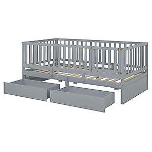 SOFTSEA Wood Daybed Twin Size with Fence Guardrail and Storage Drawers, Split Into Independent Floor Bed and Daybed for Boys Girls, Kids Platofrm Daybed Frame, Gray