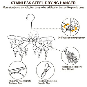 Estoder Foldable Clothes Drying Hanger Stainless Steel Laundry Drying Rack with 20 Clips, Sock Dryer Hanger for Hanging Underwear, Towels, Baby Clothes, Lingerie, Bra, Hat, Scarf, Gloves, Diapers