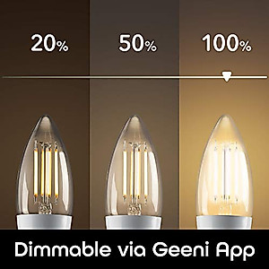 Geeni LUX Edison B11 Filament WiFi LED Smart Bulb, B11 Candelabra, 4W, E12 Base, Dimmable, White Light, Compatible with Amazon Alexa & Google Home - No Hub Required- 4 Pack