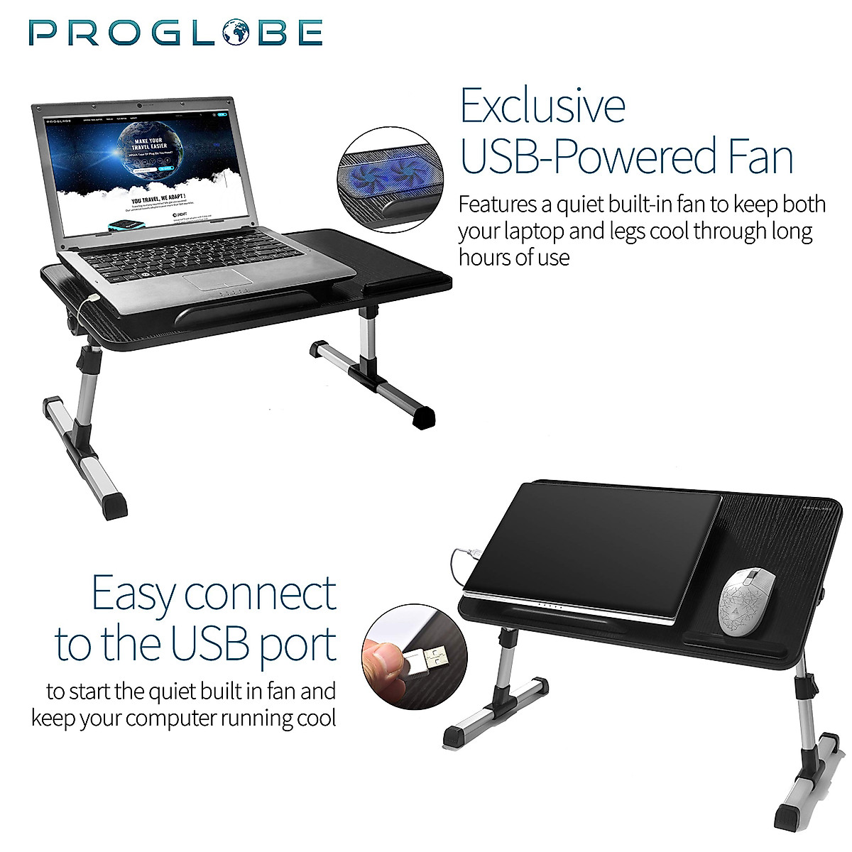 Large Laptop Stand for Bed with Fan, Proglobe Lap Desk for Laptop, Laptop Stand with Adjustable Height, Tray for Eating and Laptops, Foldable & Portable, Work from Home Accessories (Black, 23X13)