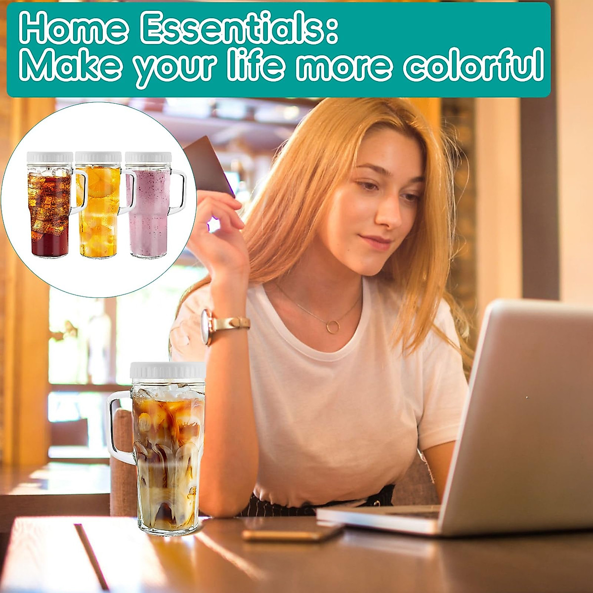 YUANYE 4 Piece 24oz Mason Handle Glass Cups with Lids and Straws -Drinks Enthusiasts Essential Glasses Drinking Set, Perfect for Iced Coffee and Beer,fruit water，Tea and Coffee