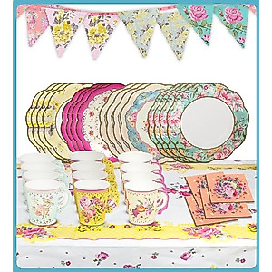 Floral Afternoon Tea Party Decorations for 16 Guests Disposable Tableware Set Pretty Paper Plates Napkins, Teacups, Bunting Tablecloth for Birthday, Mother's Day, Baby Shower, Made by Talking Tables