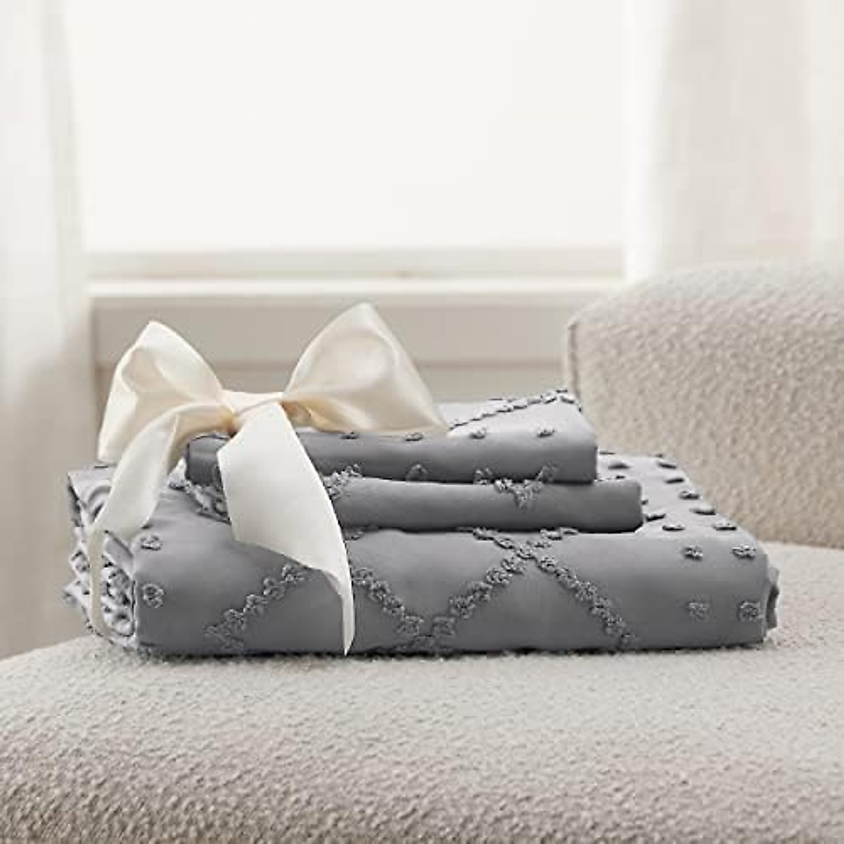 Bedsure Boho Duvet Cover Queen Size - Boho Bedding, Tufted Queen Duvet Cover for All Seasons, 3 Pieces Embroidery Shabby Chic Home Bedding,Comforter Not Included (Grey, 90" x 90")