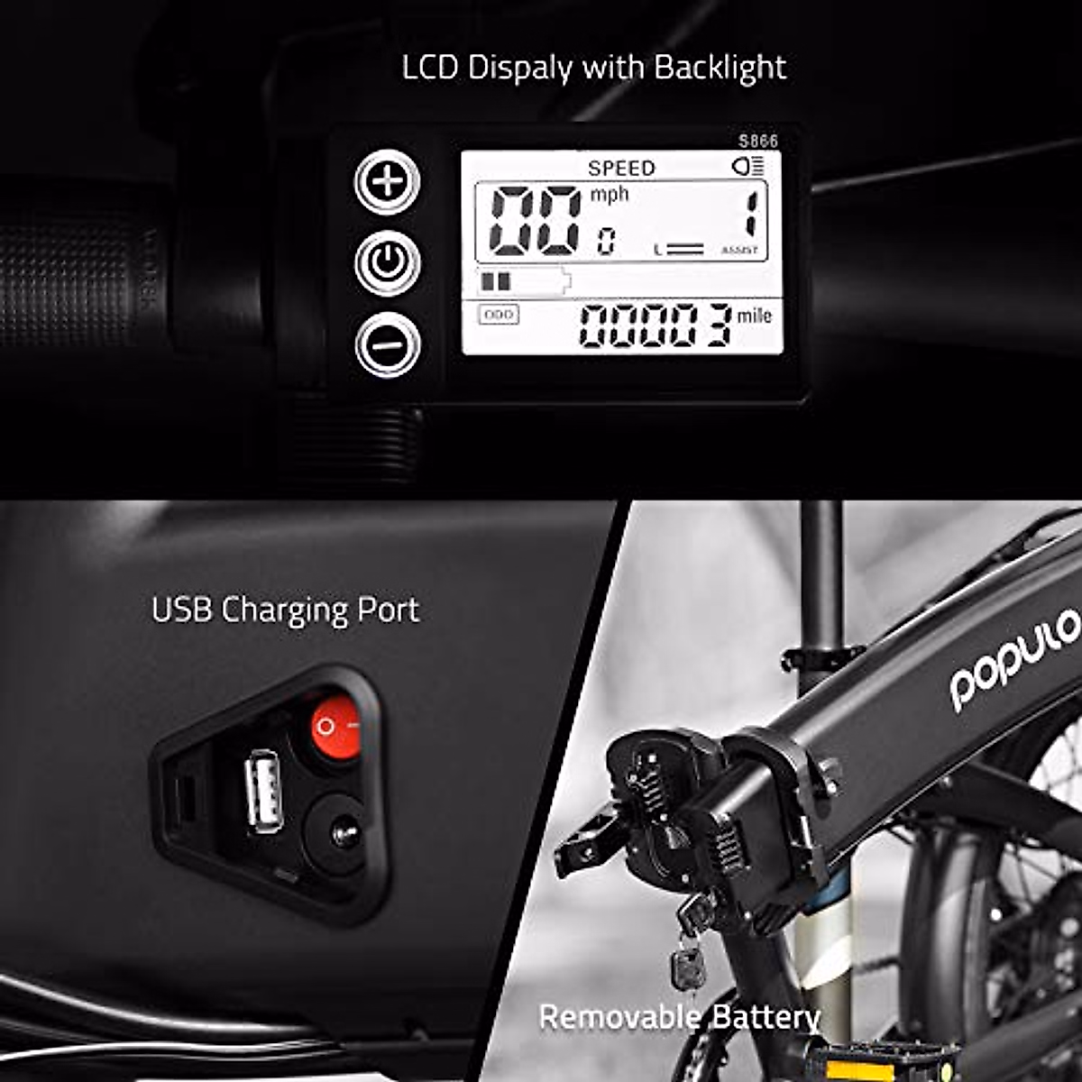 Populo 20'' Folding Electric Bike for Adults, 250W 36V Electric Bicycle with Removable Battery, Lightweight Aluminum Ebike with Suspension Fork, Lights & Rear Rack Included, USB Charge.