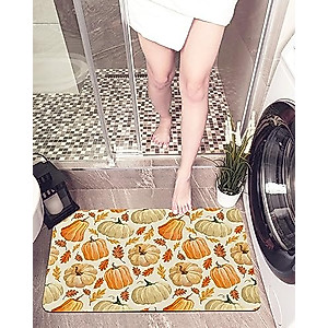 Fall Pumpkin Bath Mat for Tub,Non Slip Bathroom Floor Runner Rug Quick Dry & Absorbent Diatomaceous Earth Kitchen Room Shower Sink Washable Doormat,Thanksgiving Orange Harvest Wheat Farmhouse 20"x32"