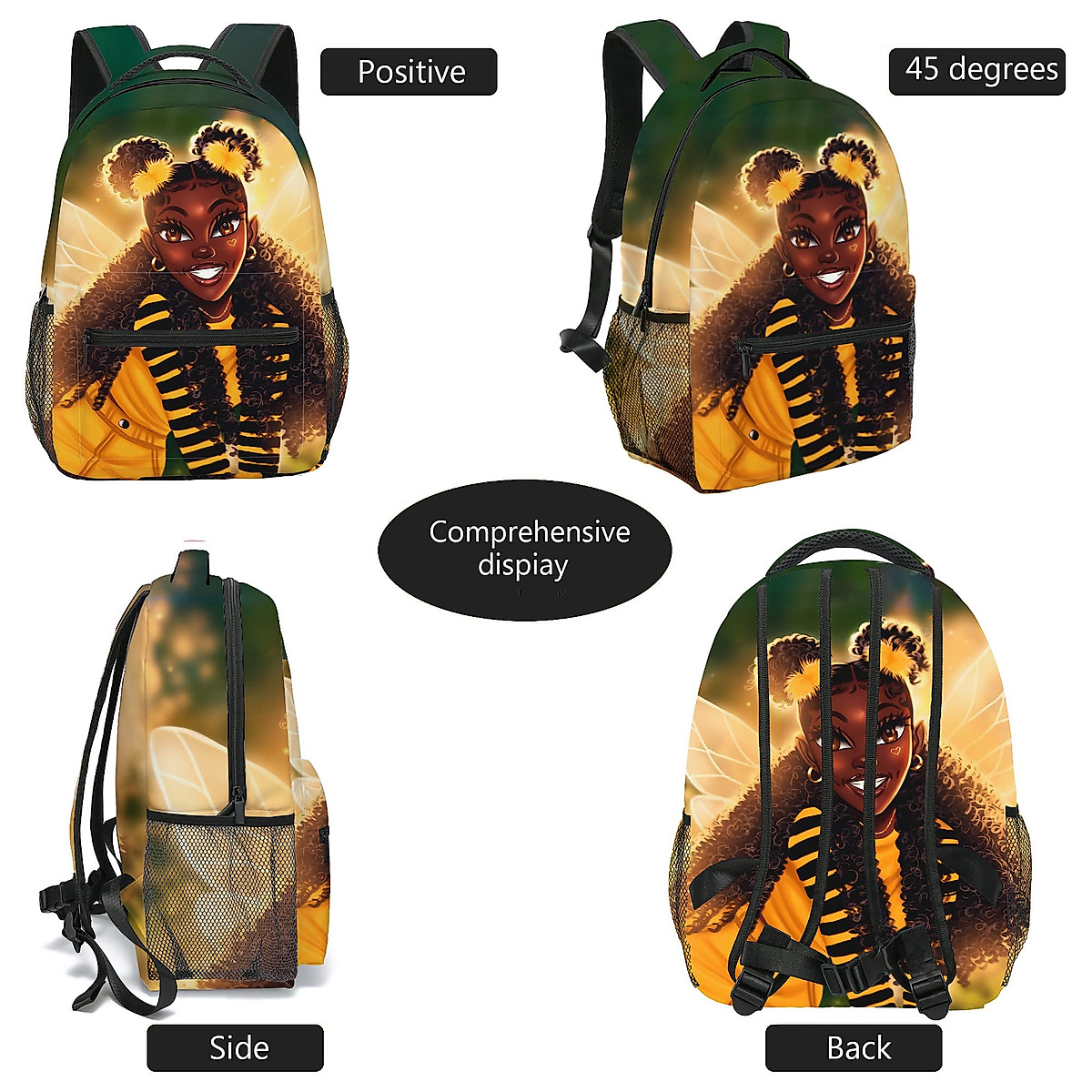 yalinan Black Girl BookBag Angel School Backpack Bee African American Book Bag for Teen Girls Kids
