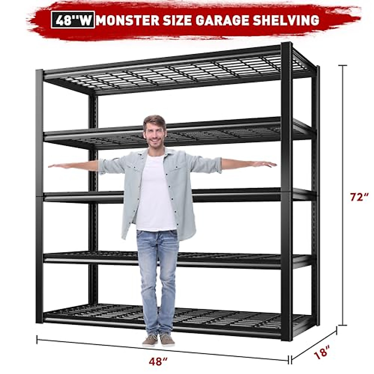 REIBII 48''W Garage Shelving 2500LBS Storage Shelves Heavy Duty Garage Shelves 5 Tier Adjustable Metal Shelves for Garage Storage Rack Heavy Duty Shelving Industrial Utility Shelf,48''W X 72''H X18''D