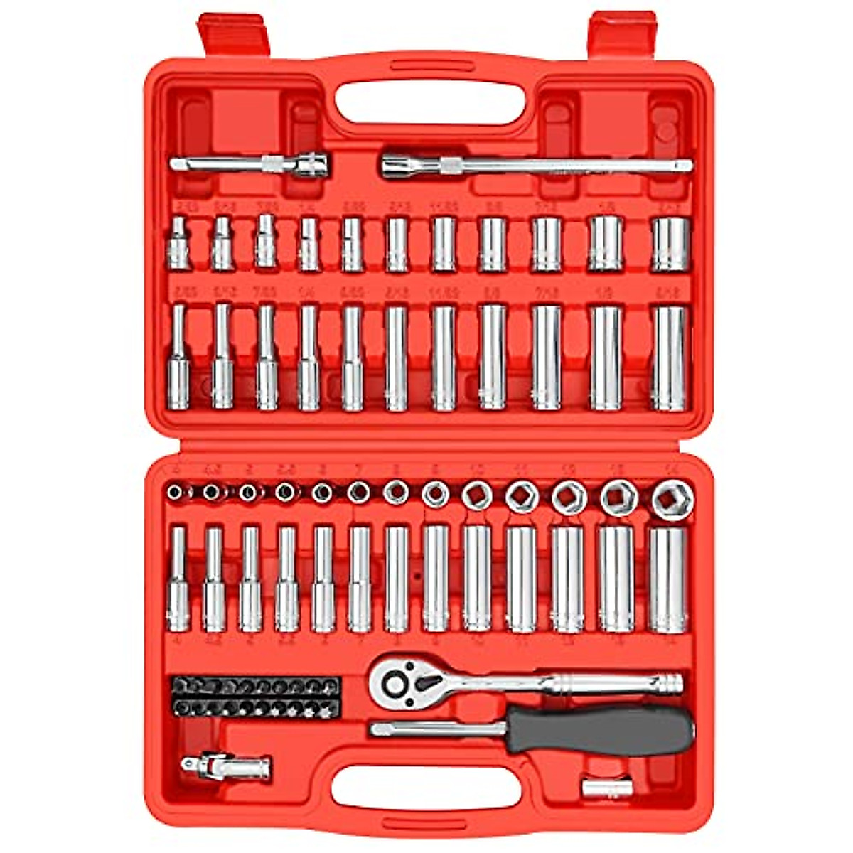 YIYITOOLS 74 Pcs 1/4" Drive Socket Set,1/4-Inch Drive Master Socket Set with Ratchets,Extensions with 1/4" Drive Bits Set,Universal Joint (5/32-Inch- 9/16-Inch, 4mm-14mm)