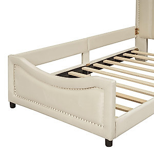 Harper & Bright Designs Upholstered Twin Daybed Frame for Kids,Velvet Twin Beds with Classic Stripe Shaped Headboard, Wood Cute Twin Bed Frames for Children Girls Boys,Beige