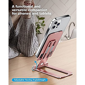 MEISO Cell Phone Stand, Fully Foldable Phone Holder for Desk, Desktop Mobile Phone Cradle Dock Compatible with iPhone, Samsung Galaxy, iPad Mini, Tablets Up to 10” (Rose Gold)