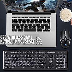 Gaming Keyboard and Mouse,Soke-Six 2.4G Wireless Retro Punk Typewriter-Style Backlit Keyboard Mice Combo,4800mAh Battery,Mechanical Feel,Anti-ghosting,Crystal Panel Round Keycaps (Black+White Light)