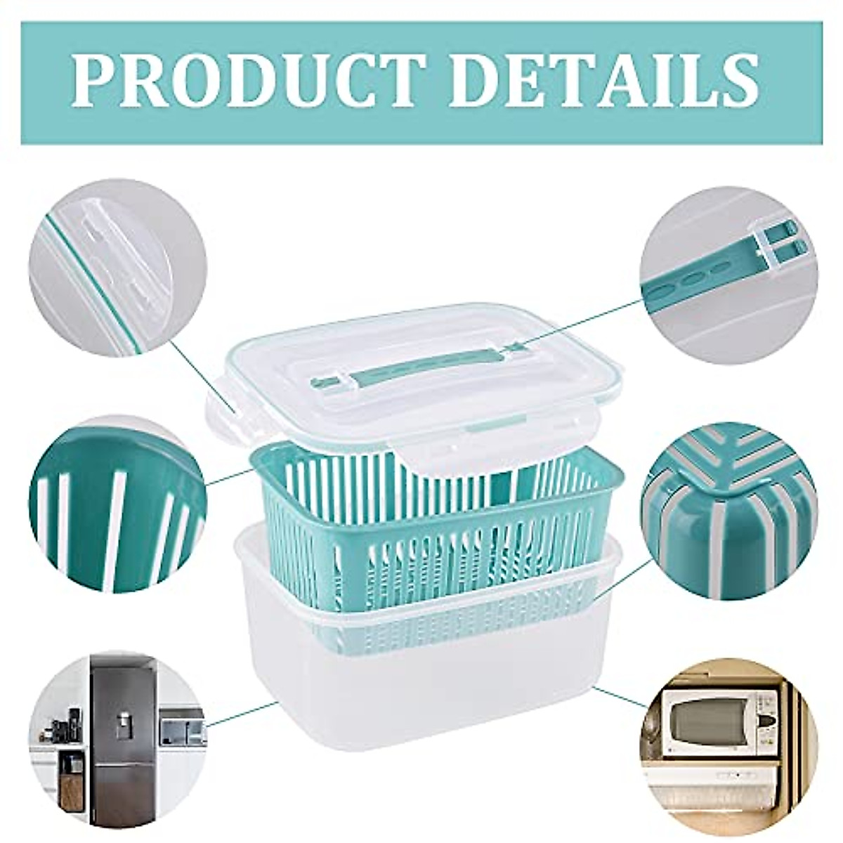 U/C Plastic Food Storage Containers, Fresh Vegetable Fruit Storage Containers for Refrigerator, Kitchen Produce Saver Container with a Draining Basket, BPA Free (5 Pack)