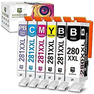 BINKSYLER 280 281 XXL Ink Cartridges Replacement for Canon PGI-280XXL CLI-281XXL PGI 280 CLI 281 XXL Work for Canon Pixma TS8320 TS9120 TS8120 TS8220 TS8222 (PGBK/BK/Photo Blue/C/M/Y) 6 Pack