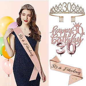 SINTENILL 30th Birthday Decorations for Women, Including 30th Birthday Crown/Tiara, Sash, Cake Topper and Candles, 30 Anniversary Party Decor 30th Birthday Gifts for women