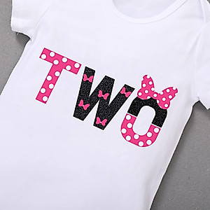 Mouse 2nd Birthday Outfits Baby Girls Short Sleeve Romper Polka Dots Mini Tutu Skirt Headband 2 Years Old Cake Smash Photo Props I’m Two 1st First Second Birthday Party Supply Clothing Set Hot Pink 2T