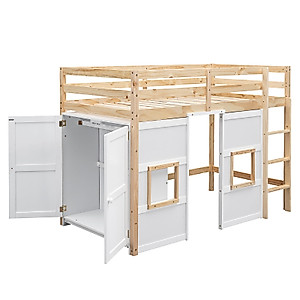 VilroCaz Playhouse Design Twin Size Loft Bed with Built-in Storage Wardrobe and 2 Windows, Solid Wood Loft Bed Frame with Safety Guardrail for Kids Teens Boys Girls, Space-Saving (Whit+Natural)