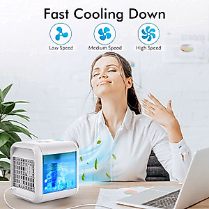 Portable Air Conditioner Fan, Personal Air Cooler with Icebox, USB Desk Fan with 3 Speeds, Evaporative Air Cooler for Home, Office & Outdoor Use, Air Humidifier, USB Charging, 7 Light Colors, Quiet