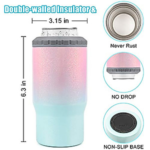 4 in 1 Can Cooler Water Bottle, 12oz Stainless Steel Beer Bottle with Straw Fits Slim Skinny Bottle & Can, Non-Slip | Pink
