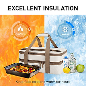 TOURIT Double Decker Insulated Casserole Carrier for Hot or Cold Food Expandable Thermal Food Carrier for Picnic Cookouts Potluck Parties Fits 9" x 13" Baking Dish
