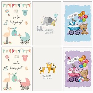 Better Office Products 25 Pack New Baby Congratulations Cards with Envelopes, Baby Shower Cards, Bulk Set, 4 x 6 Inch, 6 Cover Designs, New Baby Girl and Boy Cards, Blank Inside