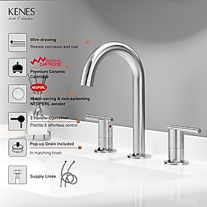 KENES Widespread Bathroom Faucet, Brushed Nickel 2 Handle 8 Inch Bathroom Sink Faucet, Bathroom Sink Faucet 3 Hole Lavatory Vanity Faucet with Pop Up Drain & Water Supply Hoses LJ-9018