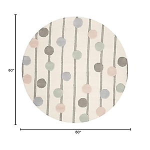 SAFAVIEH Kids Collection Area Rug - 5' Round, Ivory & Multi, Handmade Polka Dot Stripe Wool, Ideal for High Traffic Areas in Living Room, Bedroom (SFK909A)