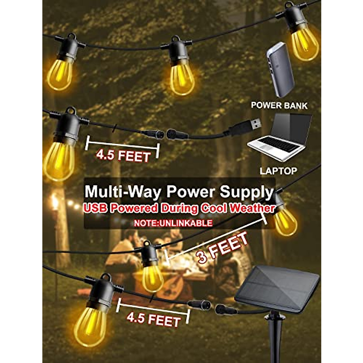 Classhine 50FT USB & Solar Chargeable Outdoor String Lights Dimmable with Remote, Waterproof Patio Deck Lights 15+2 LED Large Bulbs Warm White Shatterproof Replaceable Café Yard Porch Decor