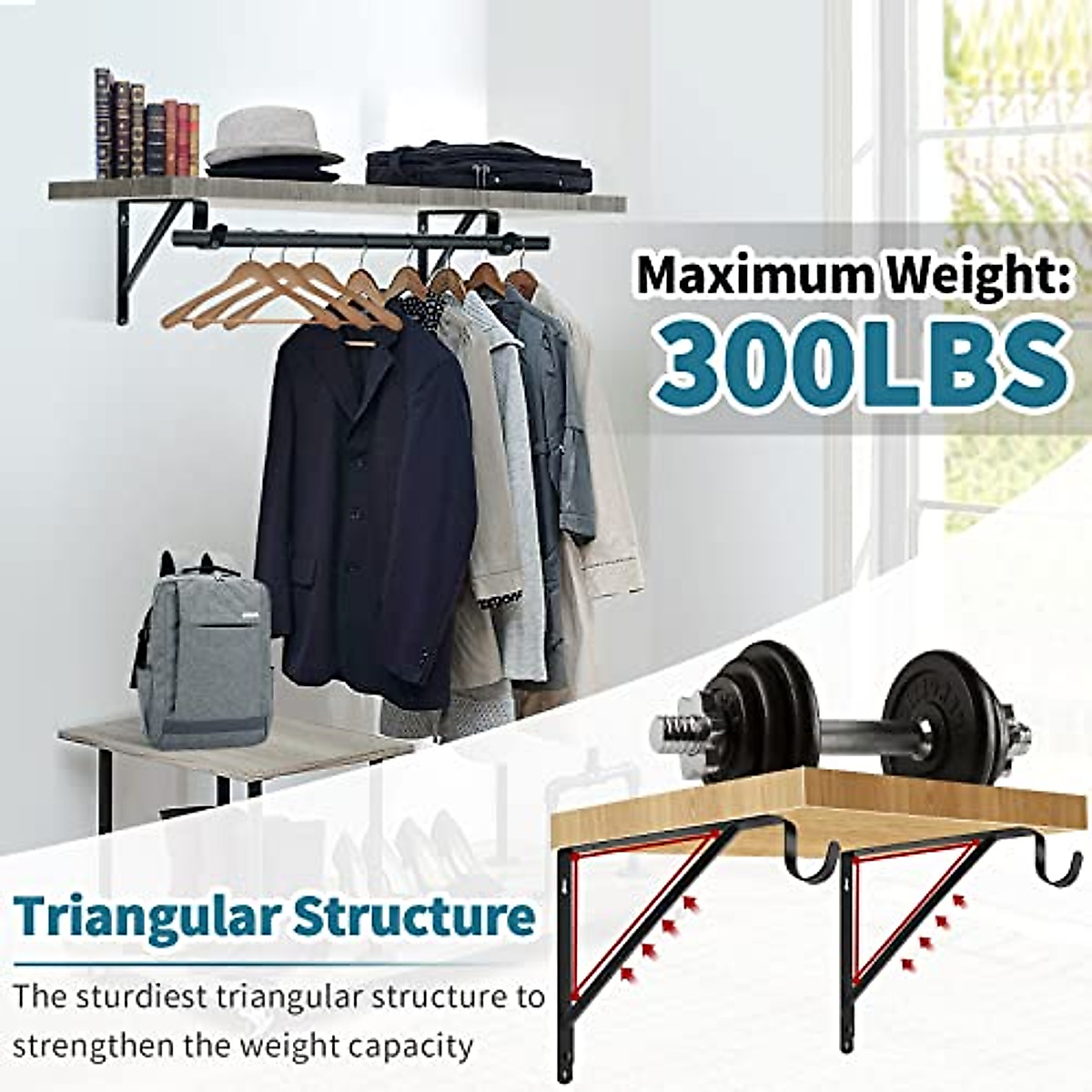 Closet Rod Bracket, Shelf Bracket for DIY Floating Shelf, Heavy Duty L Corner Brace with Rod Hook, Wall Mounted Black Metal Utensil Holder Pot Hangers for Kitchen, Bathroom