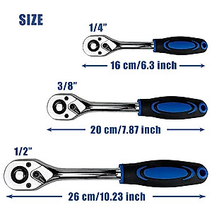 TR TOOLROCK 3 Piece Ratchet Set, 1/4”, 3/8”, 1/2” Drive, 72-Tooth Ratchet Wrench, Quick-release Reversible Drive Socket Wrench, Heavy Duty CR-V Ratchet Set