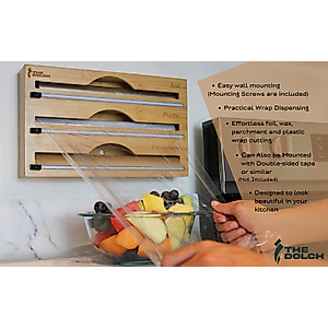 The Dolch 3 in 1 Wrap Dispenser with Cutter - Plastic Wrap Aluminum Foil and Wax Paper Organizer for Kitchen Drawer or Wall - Handy Bamboo Box for Storage - Holder Organizes Rolls -12" Roll Compatible