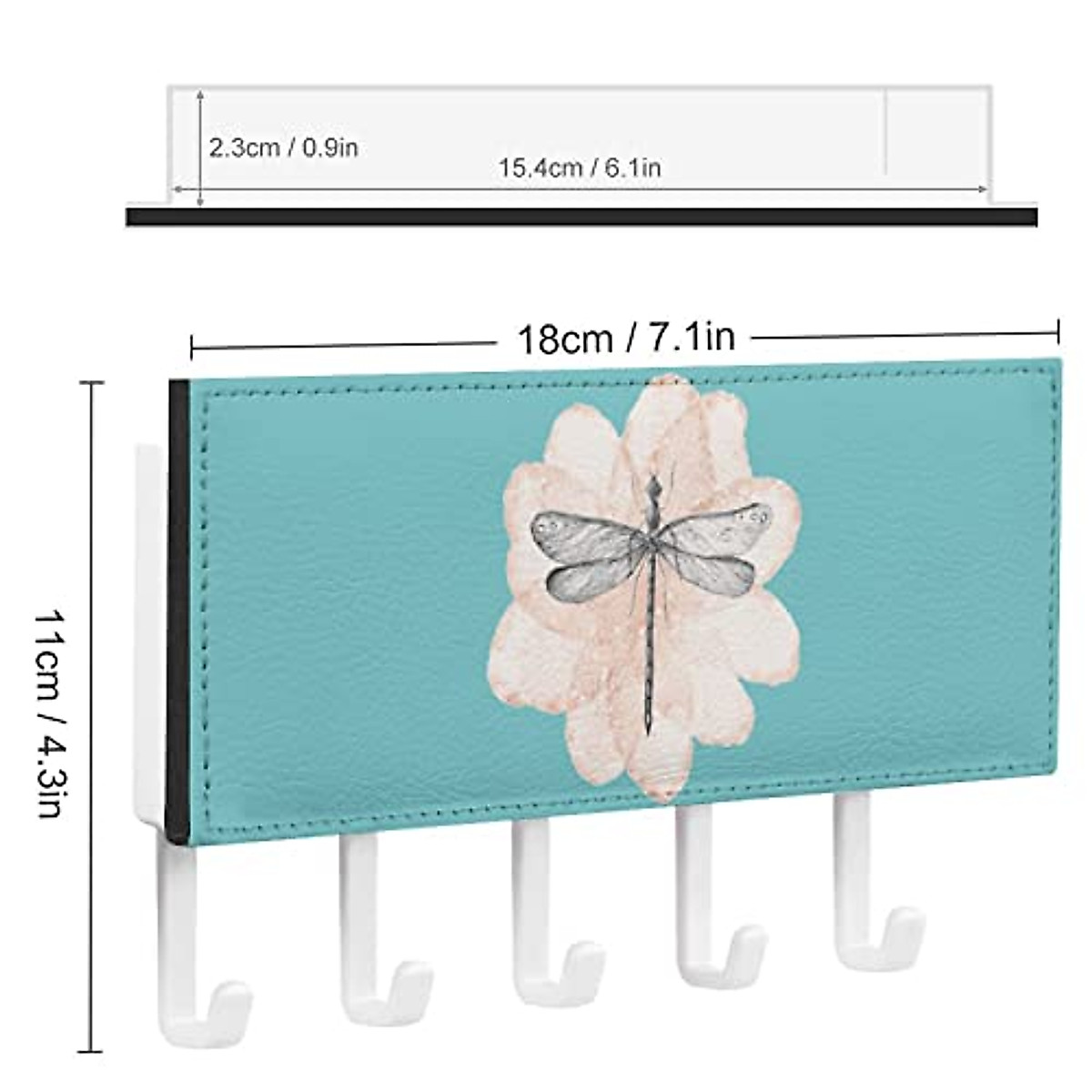 Dragonfly Pink Flower PU Leather Wall Mounted Key Hook Organizer Hanging Key Holder Decoration