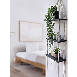 TIMEYARD Macrame Shelf Hanging Shelves, Wooden Wall Shelf with Woven Rope, Black Floating Shelves Storage Organizer, 3 Tier Shelf Boho Decor for Living Room, Bathroom, Bedroom