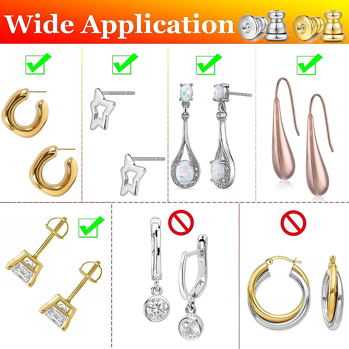 Moconar Locking Earring Backs for Studs, Hypoallergenic 18k Gold Bullet Earring Backs Replacements for Studs/Droopy Ears,Secure Comfort Locking Backing for Sensitive Ears,2 Pair Gold 2 Pair White Gold