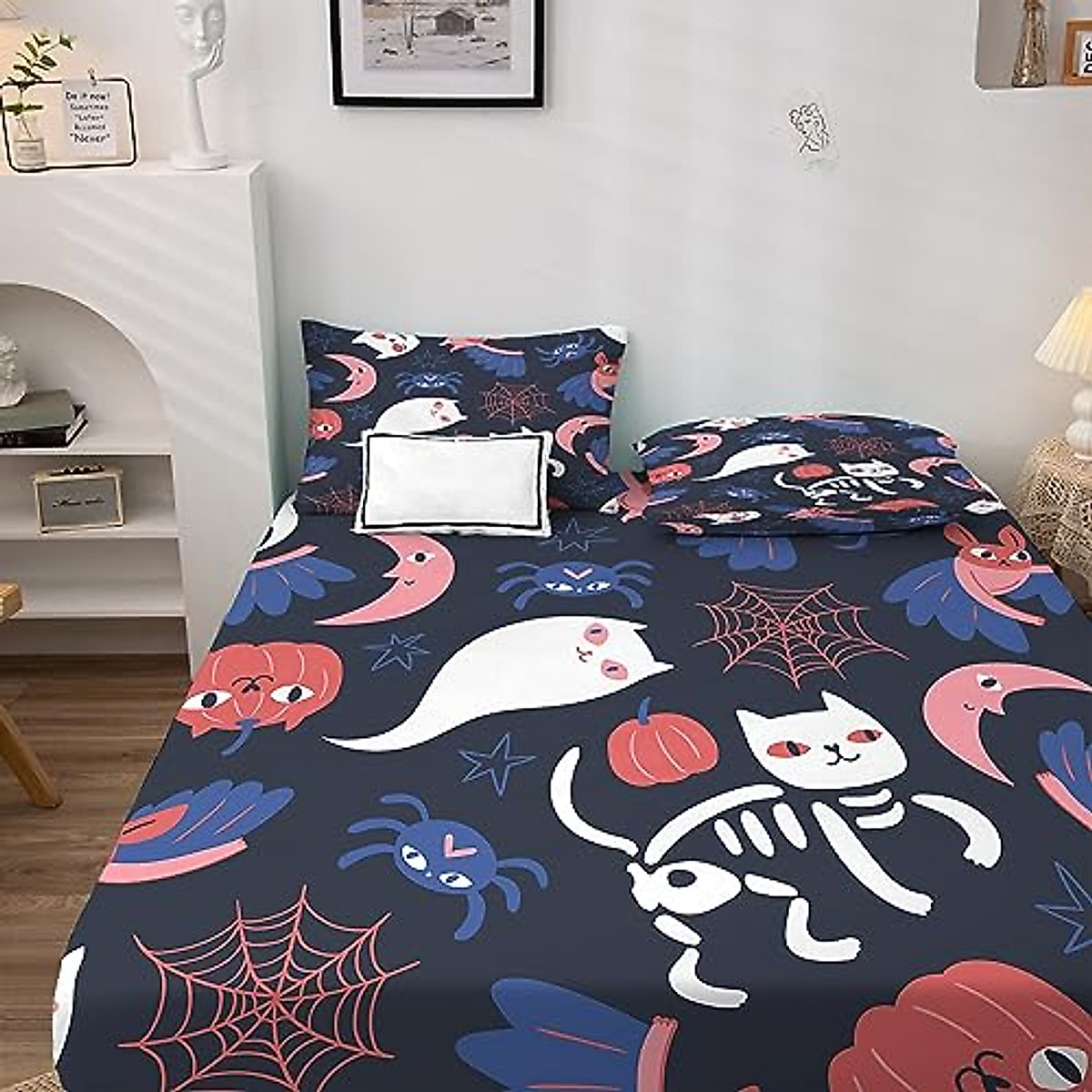 Halloween Sheets Full Size, Ghost Spider Web Cat Bed Sheets, Patterned Bedding Sheets & Pillowcases 4 Piece Set - Soft Microfiber Deep Pocket Fitted Sheet & Flat Sheet & 2 Pillow Cases M9-&-83