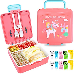 Bento Lunch Box for Kids, Unicorn Lunch Box with 4 Compartment Bento,1300ml Lunch Container with Sauce Jar/ Spoon/ Fork, Leak Proof, Microwave/ Dishwasher Safe, BPA-Free and Food-Safe Materials (Pink)