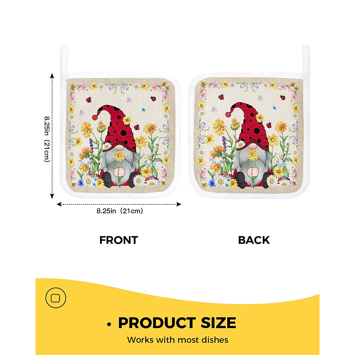 2 Pack Pot Holders for Kitchen,Spring Idyllic Gnome Yellow Daisy Flower Red Ladybug Heat Proof Potholder Hot Pads Trivet,Elf Country Floral Plant Washable Coaster Potholders for Cooking Baking