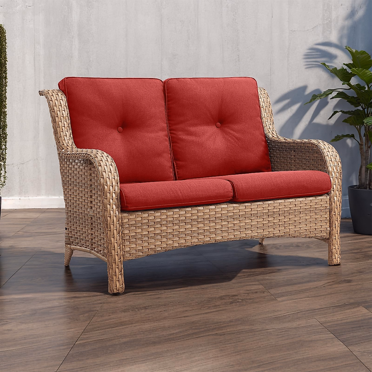 Rilyson Outdoor Loveseat Wicker Patio Sofa - 2 Seat Rattan Outdoor Couch Patio Furniture with Deep Seating and Comfortable Cushions for Porch Deck Balcony(Yellow/Red)