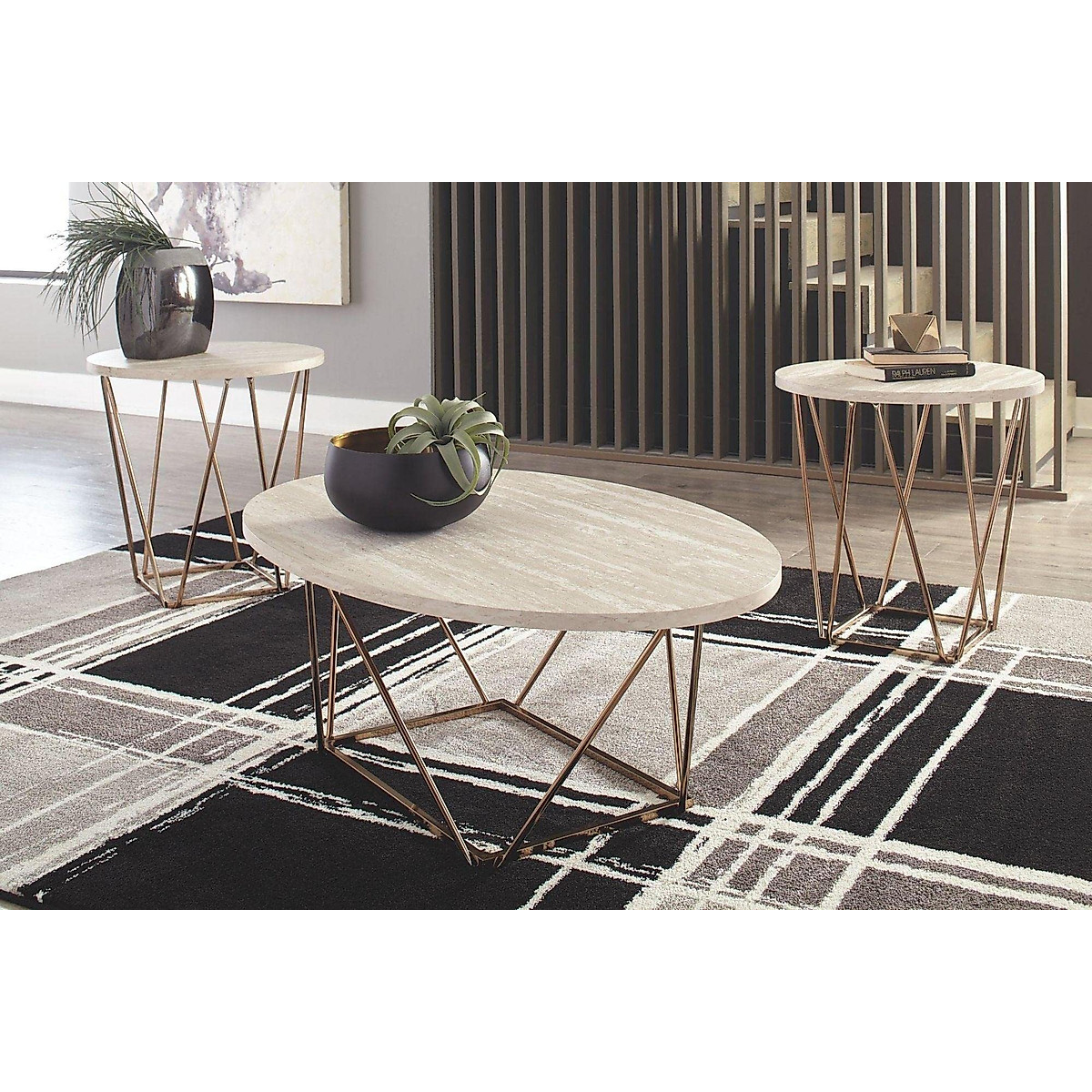Signature Design by Ashley Tarica Modern 3 Piece Table Set, Includes Coffee & 2 End Tables, White & Gold