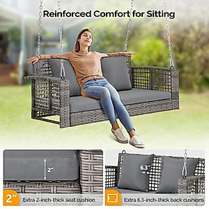 VINGLI 4 FT Rattan Porch Swing Outdoor Support 800 LBS with Cushions & Adjustable Chains, Patio Wicker Swing Bench Chair for Garden, Yard, Lawn, Tree, Grey