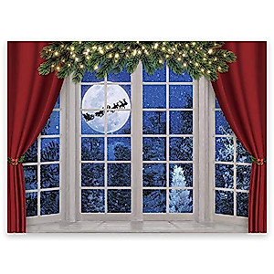 Allenjoy 8x6ft Christmas Window Photography Backdrop Winter Wonderland Snow Tree Starry Sky Moon Reindeer Santa Xmas Photocall Background Party Banner Decor Baby Kids Family Photo Shoot Booth Props