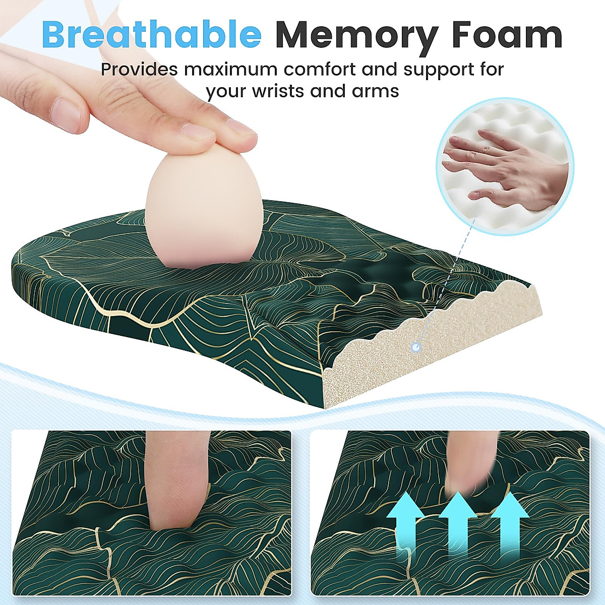 HAOCOO Ergonomic Mouse Pad with Wrist Rest and Keyboard Wrist Rest, 3 PCS Computer Carpal Tunnel Mouse Pads Set for Desk with Coaster, Memory Foam Mousepad Support for Office Laptop, Green Palm Leaves