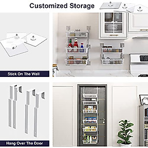 Over the Door Organizer, Adjustable Over Pantry Door Storage with 6 Deep Basket Hanging Over Door Spice Rack Closet Cabinet Door Shelf Organizer for Kitchen Bathroom, Wall Mountable, Modularized Use