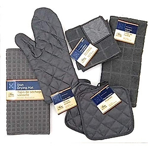 Kitchen Towel Set with 2 Quilted Pot Holders, Oven Mitt, Dish Towel, Dish Drying Mat, 2 Microfiber Scrubbing Dishcloths (Gray)