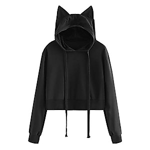 SweatyRocks Women's Long Sleeve Hoodie Crop Top Cat Print Pullover Sweatshirt Black#2 S