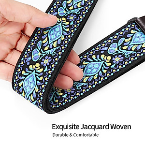 Eyeshot Ukulele Strap No Drill, Adjustable Double J Hook Clip on Uke Shoulder Strap, Hawaiian Jacquard Blue Flower Hands Free Ukelele Strap, Easy to Use and Fit Most Standard Uke Sizes
