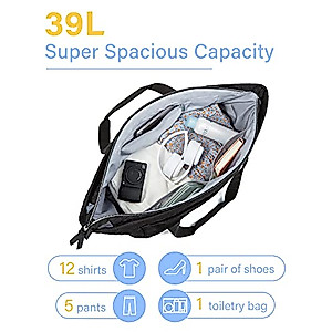 Weekender Overnight Bag, BAGSMART 39L Large Travel Duffle Bag for Women, Soft Quilted Cotton Sports Gym Bag with Shoe Compartment, Crossbody Carry-on Bag with Multiple Pockets, Machine Washable(Black)