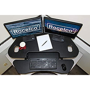 Rocelco 46" Height Adjustable Corner Standing Desk Converter, Quick Sit Standup Dual Monitor Riser, Gas Spring Assist Tabletop Computer Workstation, Large Keyboard Tray, (R CADRB-46), Black