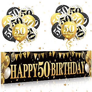 Turypaty 50th Birthday Banner Balloons Decorations for Men Women, Black Gold Happy 50 Birthday Yard Kit Party Suppiles, Vintage Fifty Years old Bday Photo Props Decoration for Outdoor Indoor
